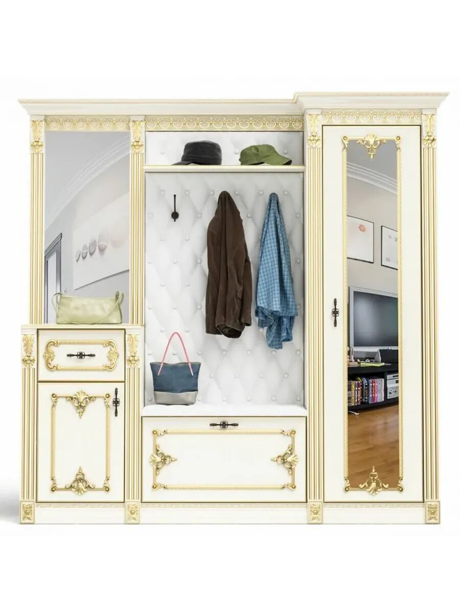 Прихожая комплект в коридор со шкафом зеркало слоновая кость