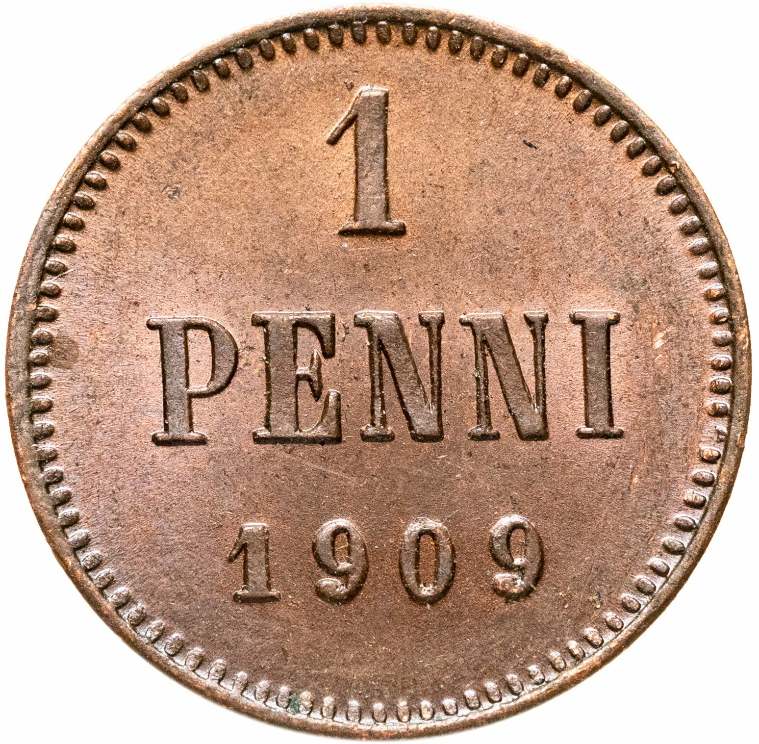 1 пенни penni 1909 Российская Финляндия, Медь, в сохранности AU