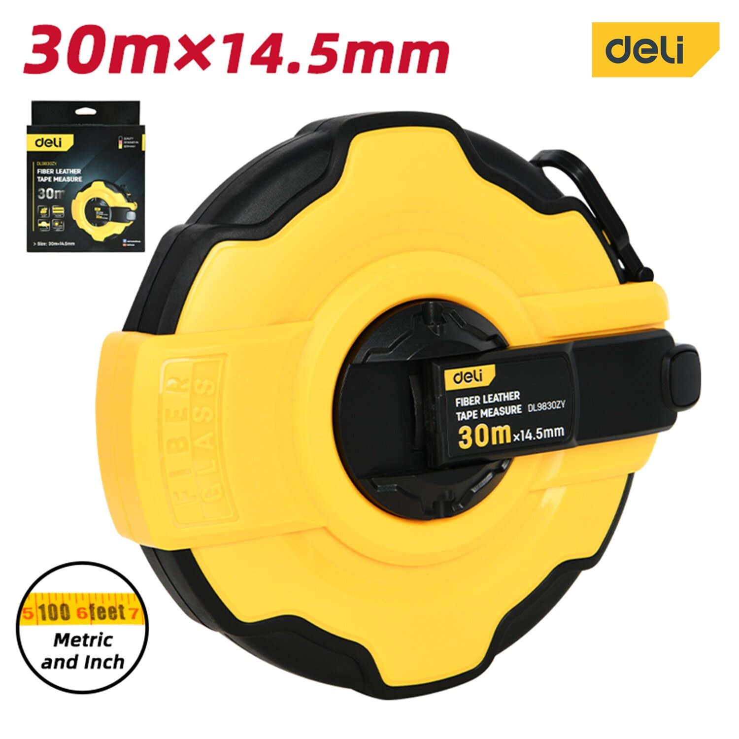 Мерная лента Deli DL9830ZY (30м*14.5мм, ударопрочный корпус, полотно из стекловолокна и ПВХ)