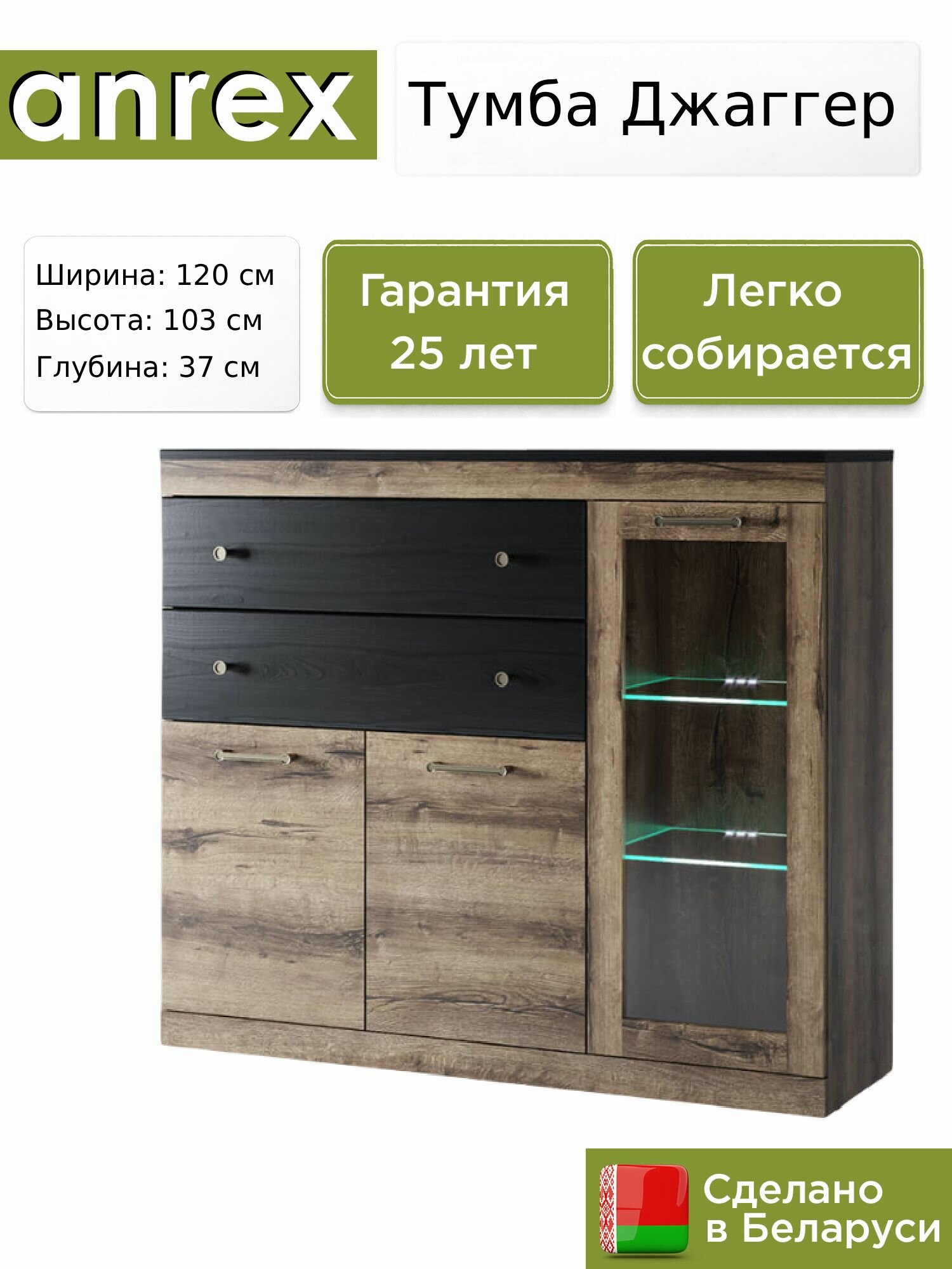 Тумба Anrex Джаггер / Jagger 1V2D2S, 120х37х103 см