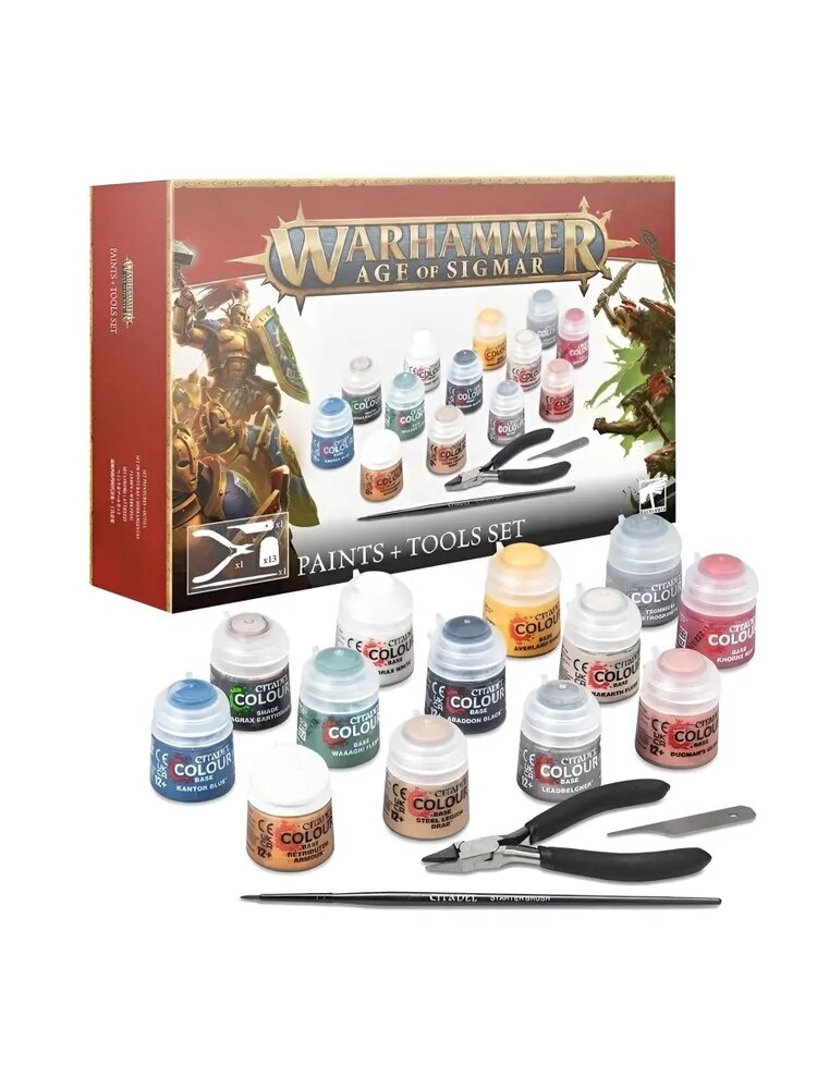 Набор красок акриловых Warhammer Age Of Sigmar Paints + Tools Set для начинающих, 13 цветов