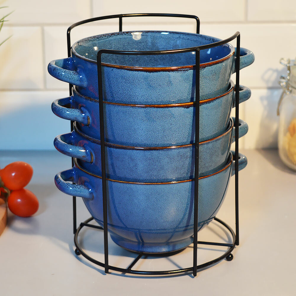 Набор бульонниц 4 предмета 650 мл на подставке, синий, с ручками, для супа и подачи