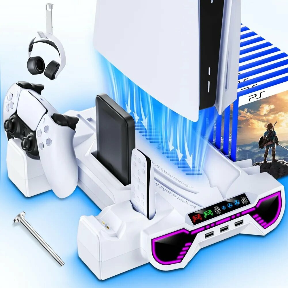 Станция охлаждения и зарядки контроллера PS5/Slim/Pro со светодиодной подставкой для консоли PlayStation 5 - Зарядное устройство для контроллера PS5_белое