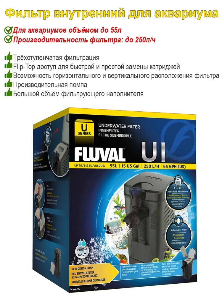 Фильтр для аквариума внутренний до 55 л Fluval U1, 200 л/ч для пресноводных