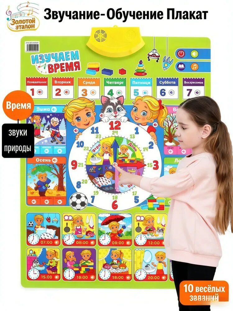 Обучающий интерактивный плакат "Время" / Музыкальный говорящий планшет на стену для малышей