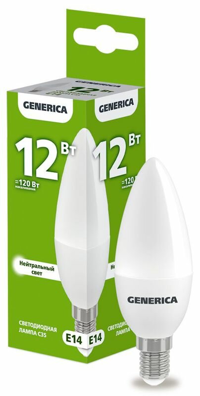 Лампа светодиодная C35 12Вт свеча 4000К E14 230В GENERICA LL-C35-12-230-40-E14-G-10 шт