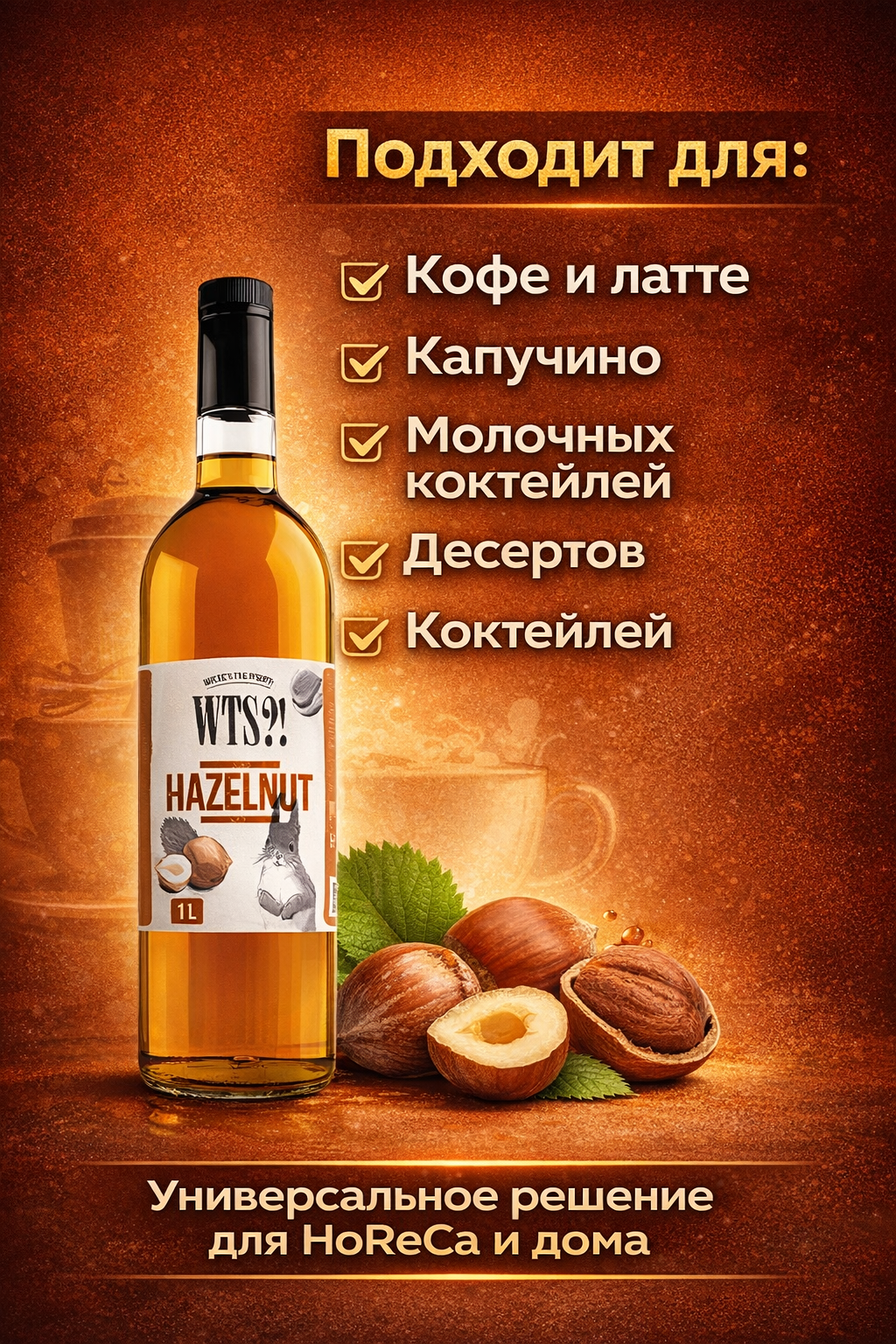 Сироп WTS! Hazelnut Лесной орех для кофе, коктейлей, десертов, лимонада и мороженого1 л. — фото 1