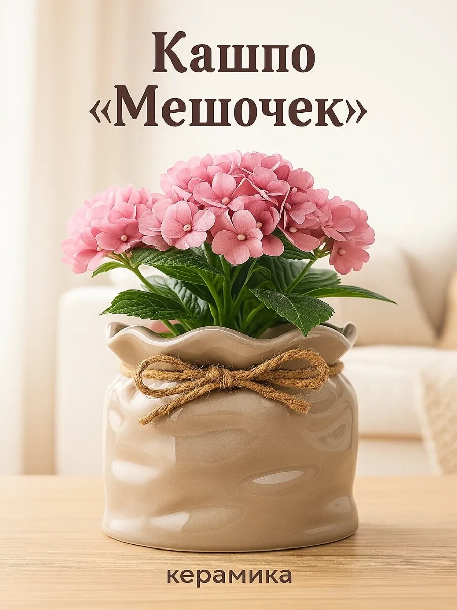 Фигурное кашпо для цветов «Мешочек», 400 мл, 10×10×9.5 см, керамика, бежевое