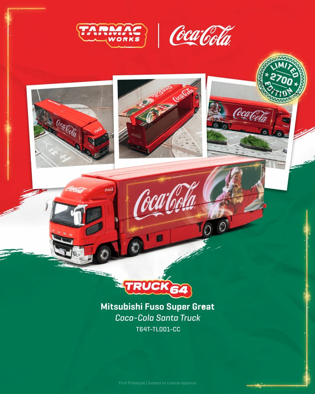 Машинка TW Tarmac Works MODEL 1:64 Mitsubishi Fuso Super Great Coca-Cola Santa Truck Die-cast Alloy Model Collection Toy Children Gifts