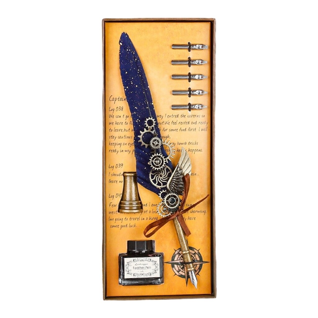 Старинное гусиное перо с чернилами и 5 наконечниками, Набор перьев с металлической гравировкой в стиле Ретро для Начинающих любителей каллиграфии