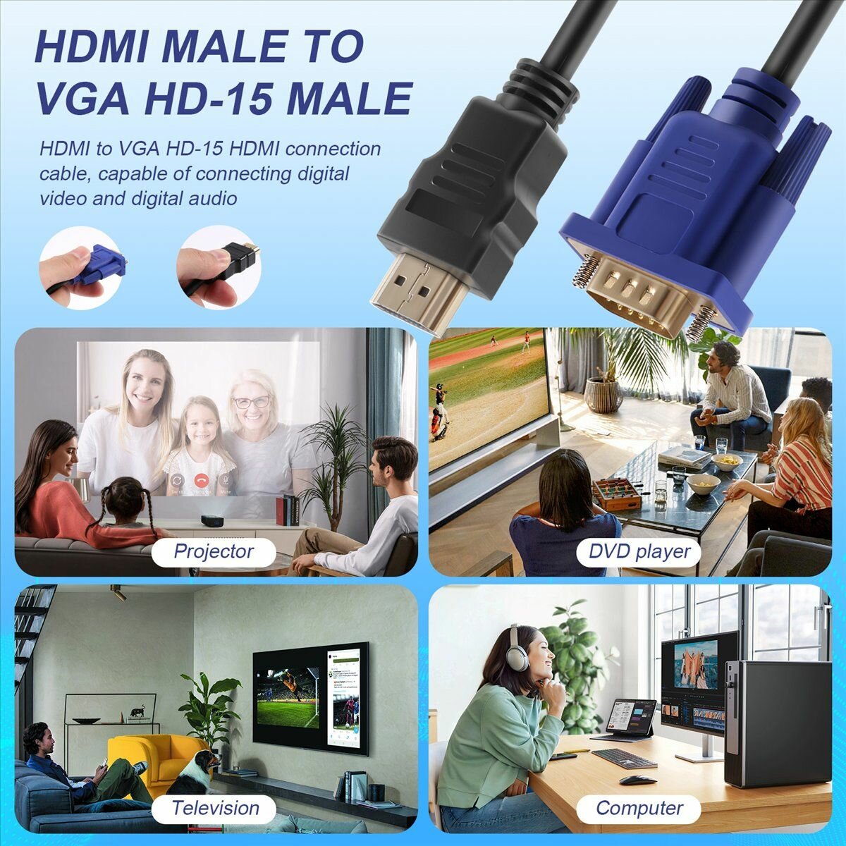 1,8-метровый синий кабель-конвертер HDMI-VGA HD15 Male для подключения к ПК (сине-черный)
