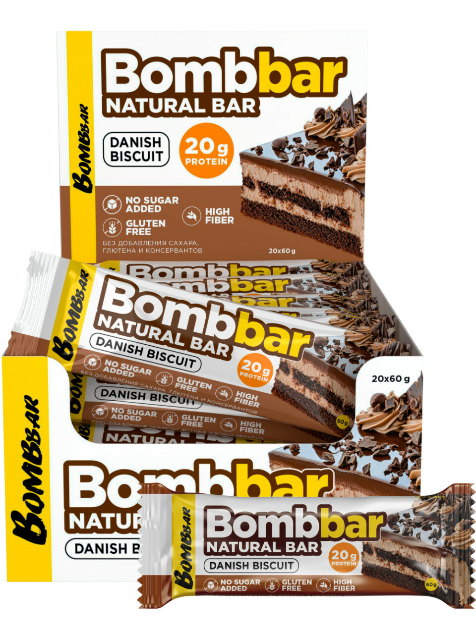 Протеиновый батончик BombBar Protein Bar 20 x 60 г, Датский бисквит