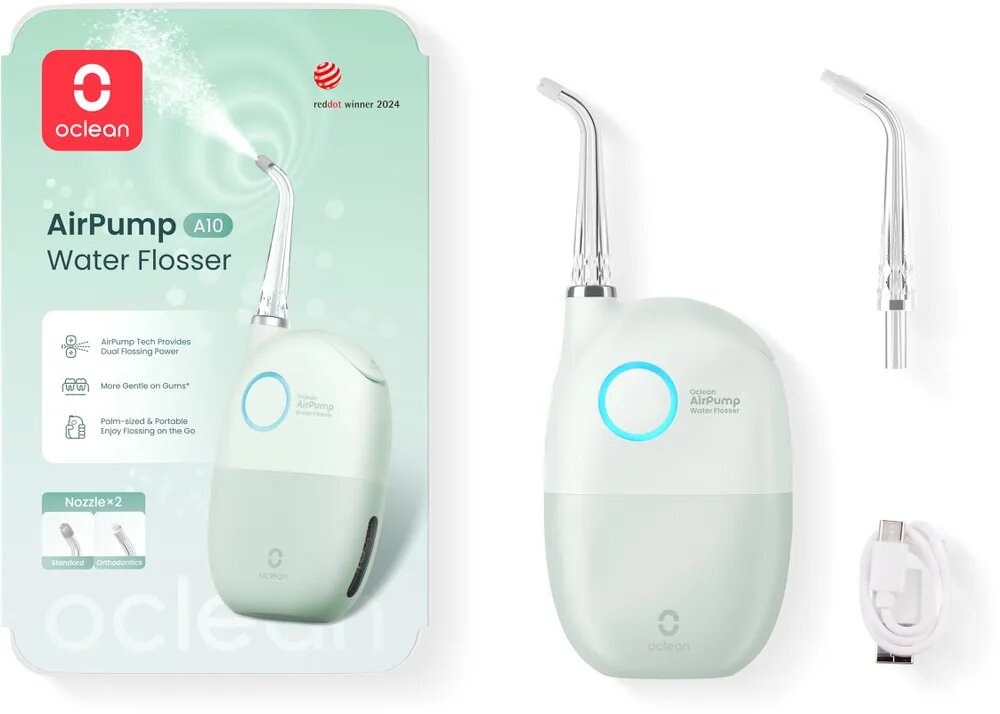 Oclean AirPump A10 кислородный ирригатор для полости рта, 3 режима, 2 насадки, белый — фото 1