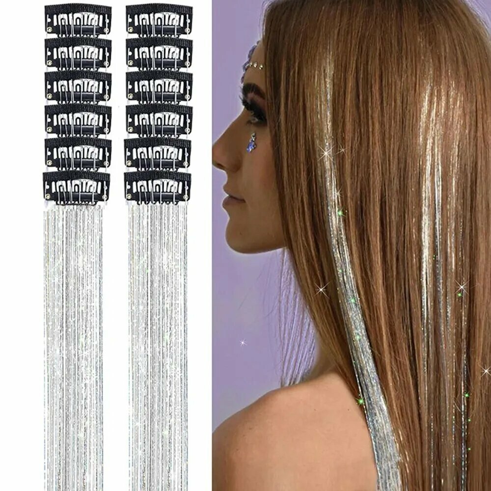 Набор для наращивания волос без следов, 12 шт, лазерная золотая блестящая лента, имитация прямых волос, серебристый