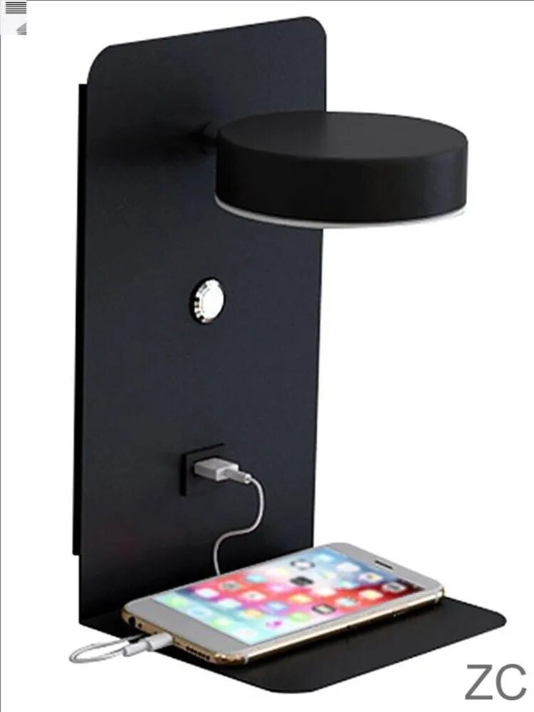 Настенный светильник с USB зарядкой и полочкой, современный минимализм, черный