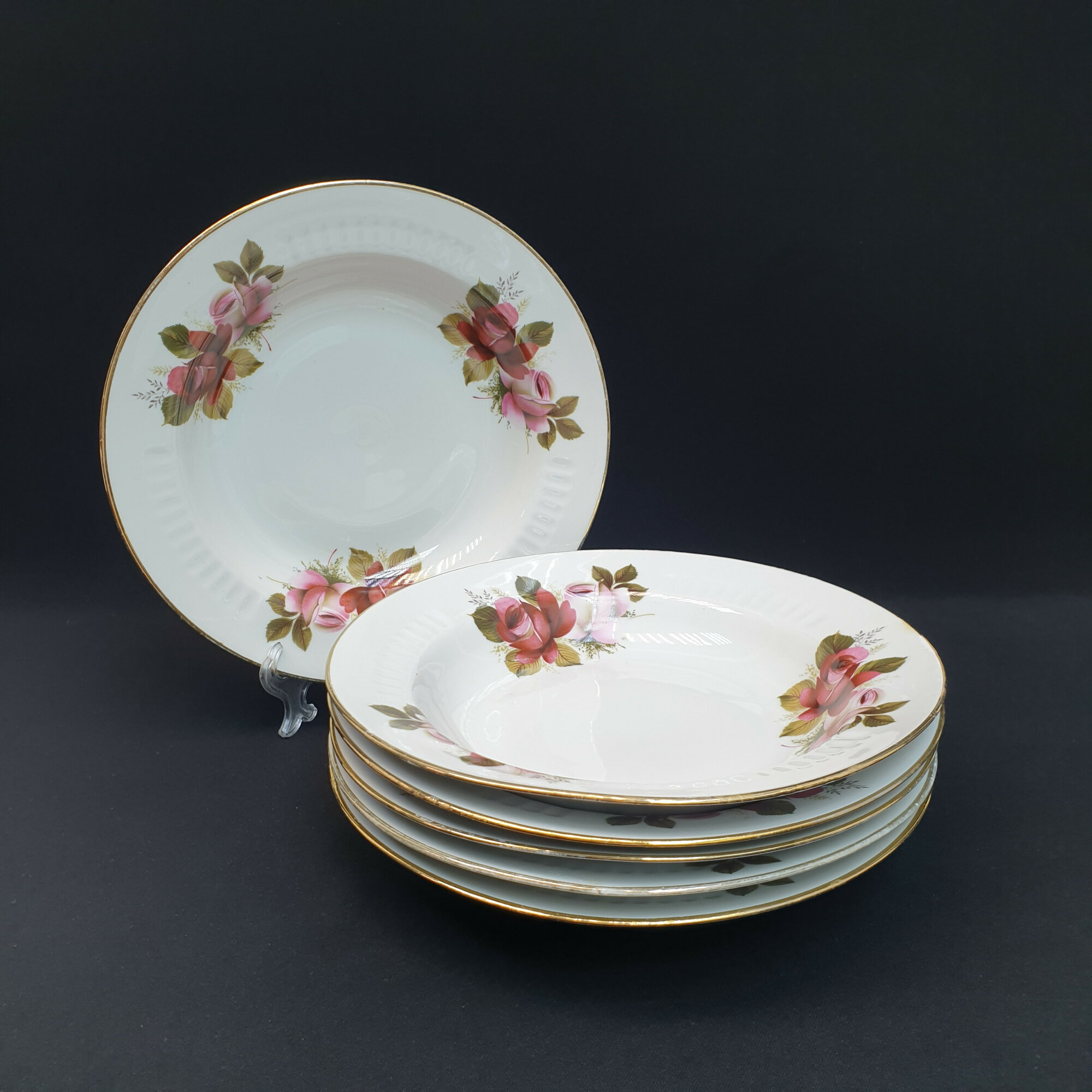 Винтажный набор из 6 суповых тарелок Добруш, фарфор деколь золочение 24 см, СССР