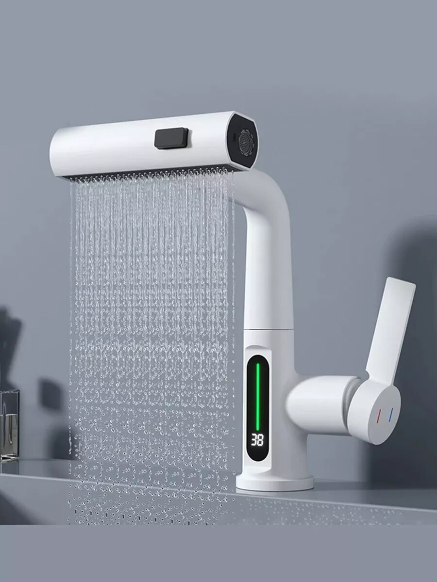 Смеситель для кухни, кран для раковины умный с цифровым дисплеем, выдвижным гибким изливом, 2 вытяжным изливом, 3-х режимная лейка