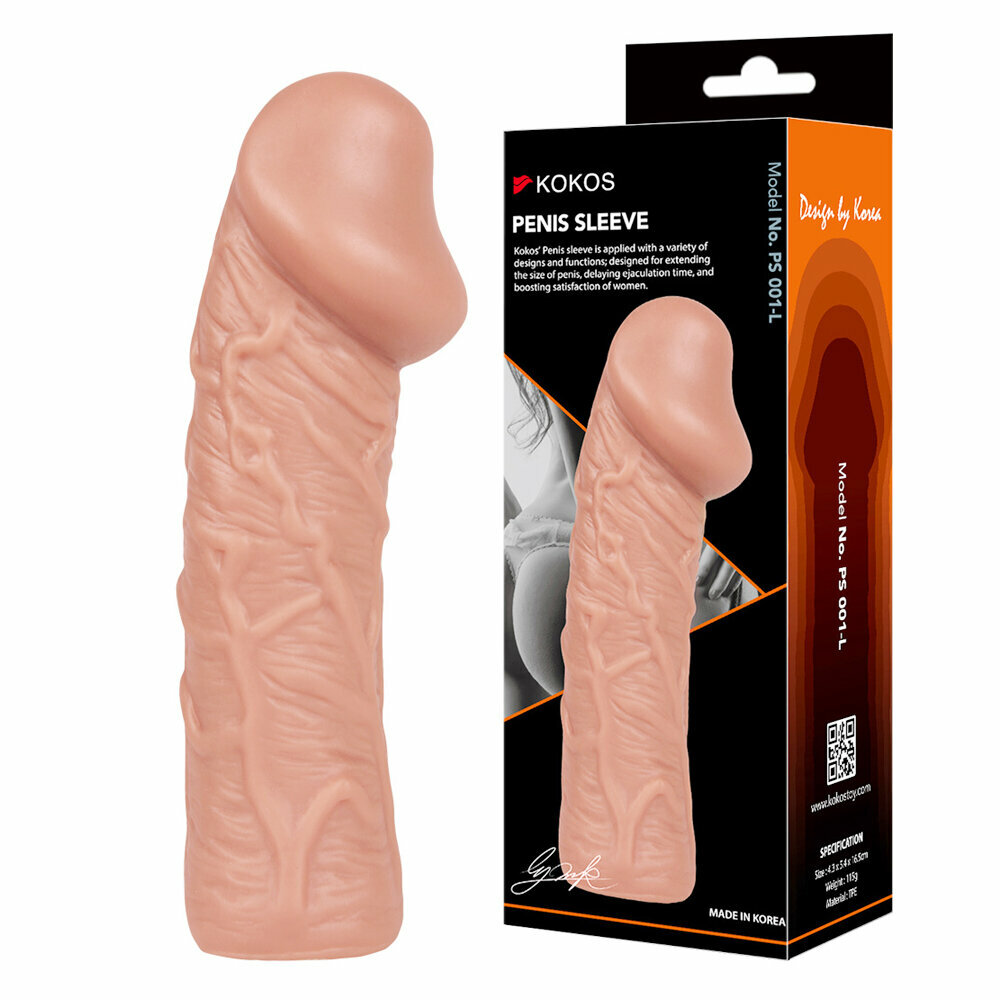 Насадка для пениса реалистичная Kokos "Penis Sleeve" PS-001-L, телесная, материал ТПЭ, длина 16.5 см, водонепроницаемая