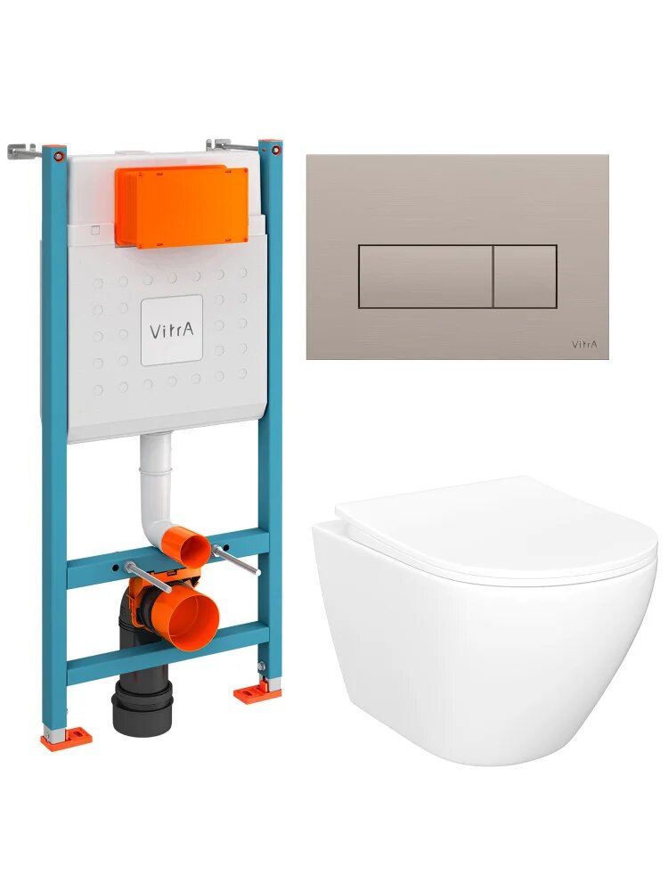 Комплект 4 в 1: Инсталляция VitrA Ви-Фикс Кор (V-Fix Core) 732-5800-01 / Унитаз подвесной STWORKI Кронборг S28401WH безободковый, с микролифтом / Кнопка Рут Скуэр (Root Square) 740-2395, никель, Комплект креплений