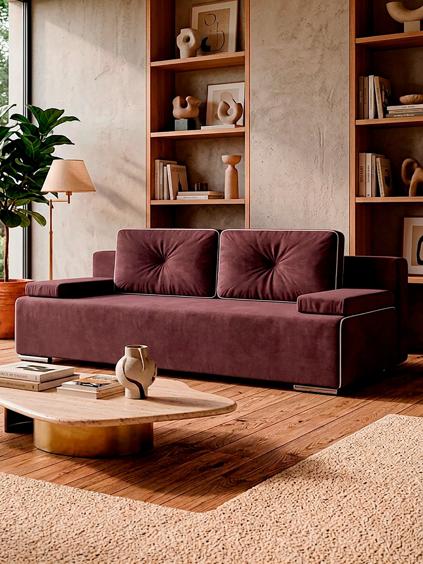 Диван Фрог Лайт Velutto 15 NOW 200x91x80 см, бордовый Велютто, еврокнижка Фиеста