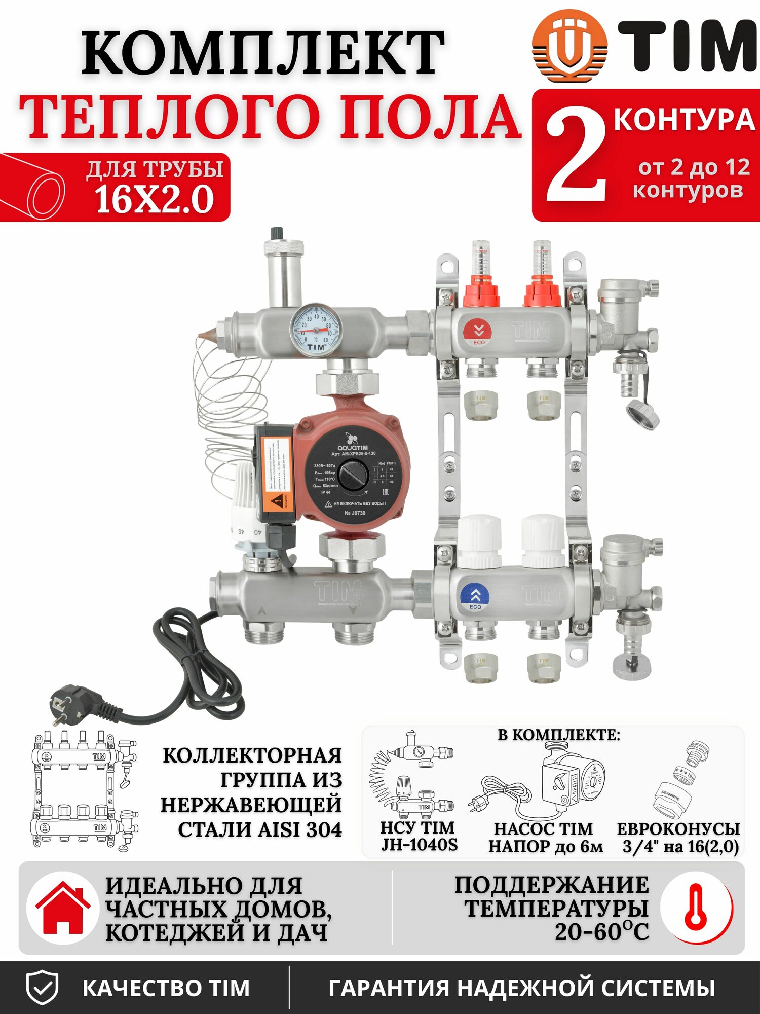 Комплект водяного теплого пола TIM, 2 контура (Коллектор/НСУ/Насос и евроконусы 16х2,0)