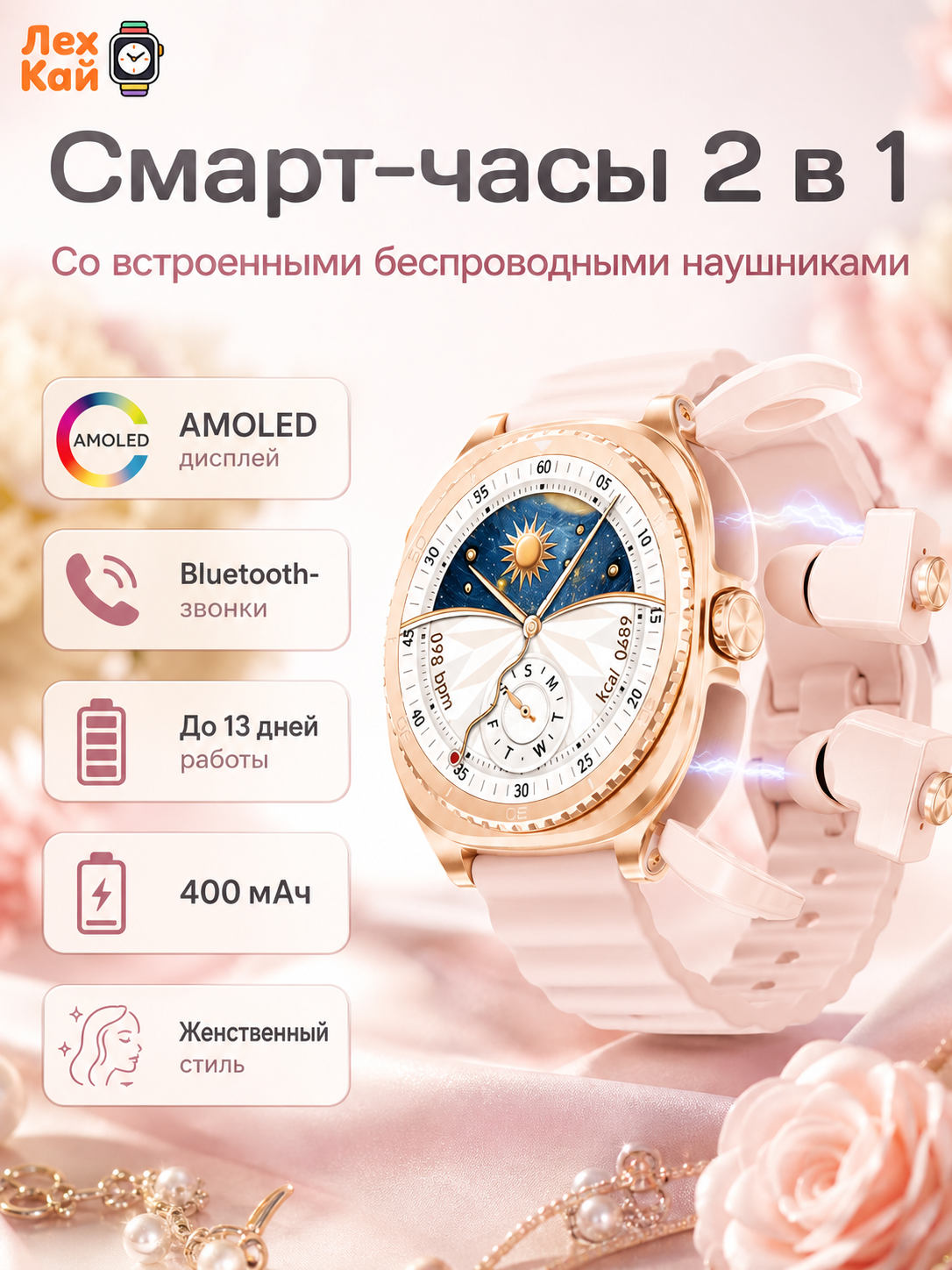 Двухрежимные наушники "Лех Кай", защита IP68, 1,46" AMOLED экран, 400mAh аккумулятор