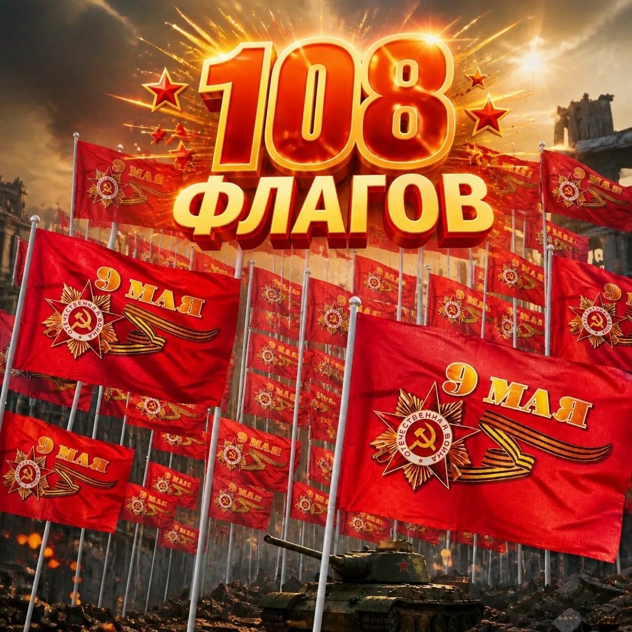 Флаг 9 мая 20х30 см с флагштоком набор 108 шт
