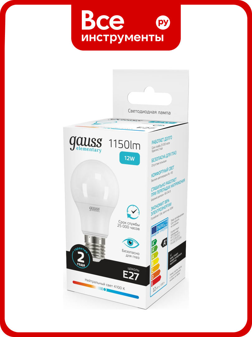 Лампа Gauss LED Elementary A60 12W E27 4100K SQ 23222