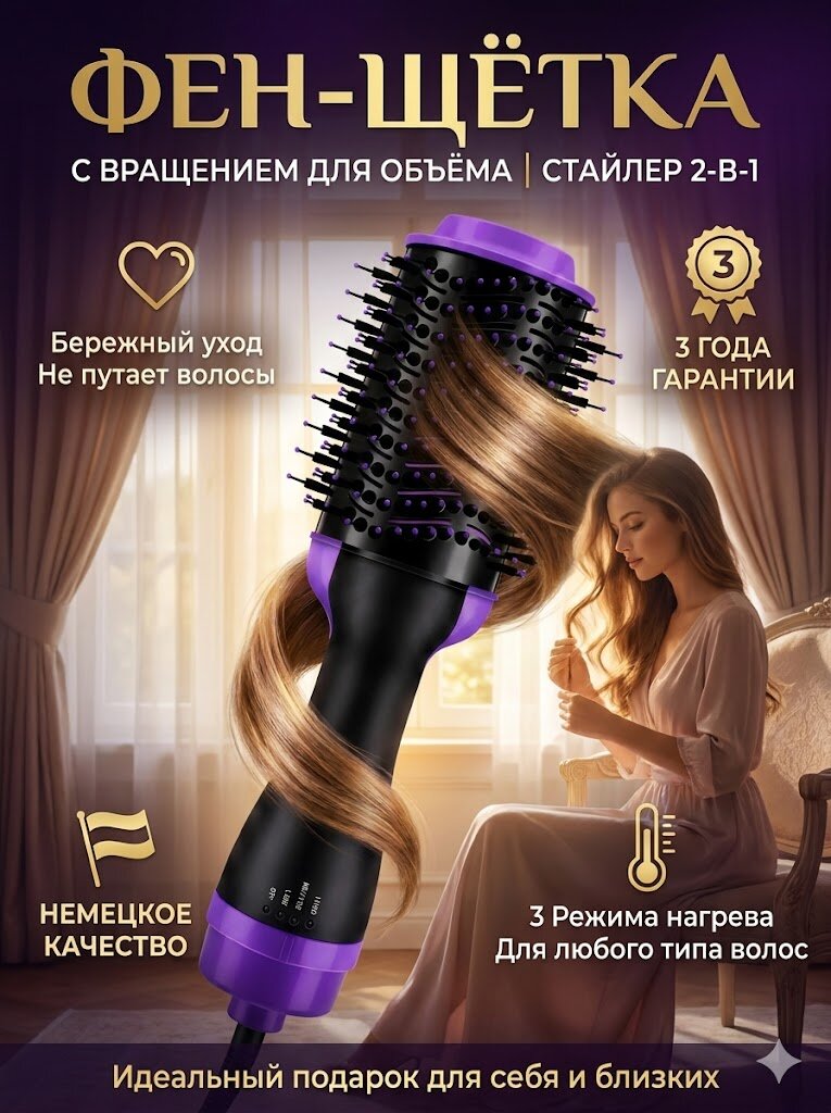 Фен-щетка для волос / Расческа с ионизацией One Step Фен-щётка (расчёска-фен) для волос Hair Dryer 3 в 1
