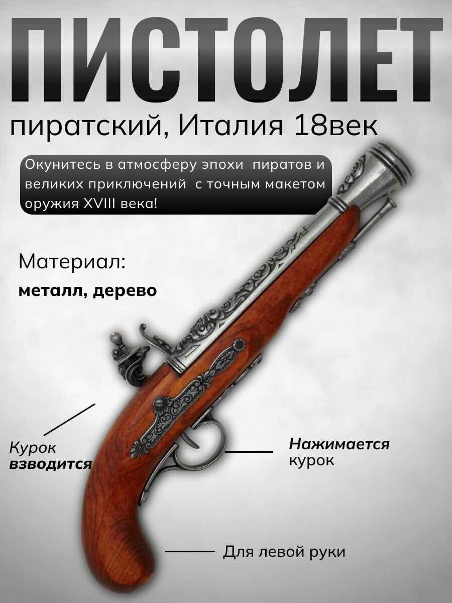 DENIX Макет кремневого пиратского пистолета, XVIII век (для левой руки)