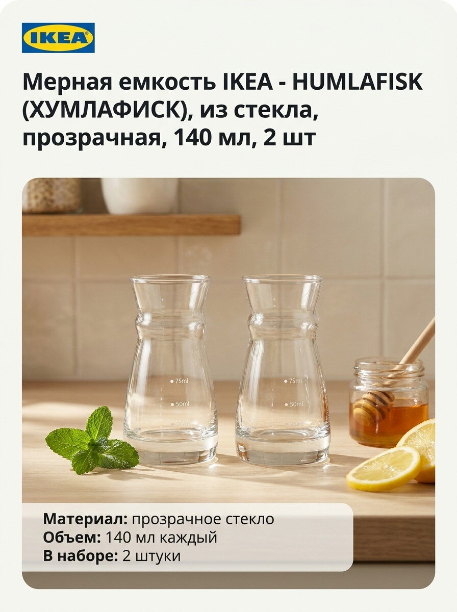 Мерная емкость IKEA - HUMLAFISK (хумлафиск), из стекла, прозрачная, 140 мл, 2 шт