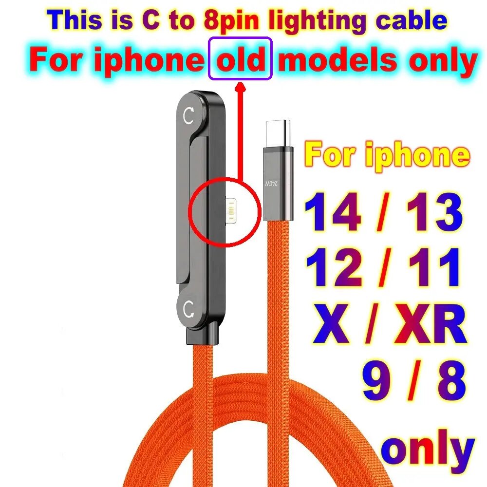 Кабель Type-C to 8pin Lightning оранжевый для iPhone 8/9/X/XR/11/12/13/14