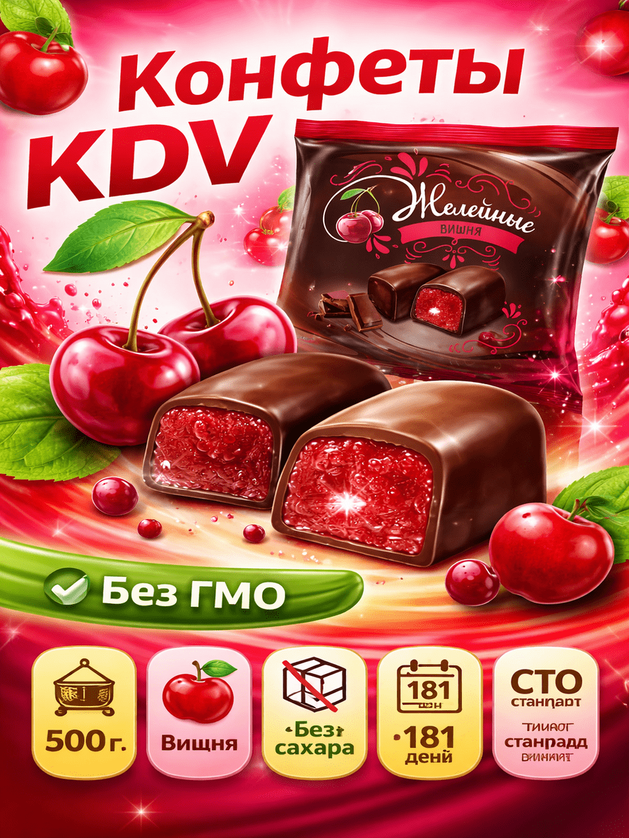 Конфеты Kdv желейные вишневые глазированные, 500г