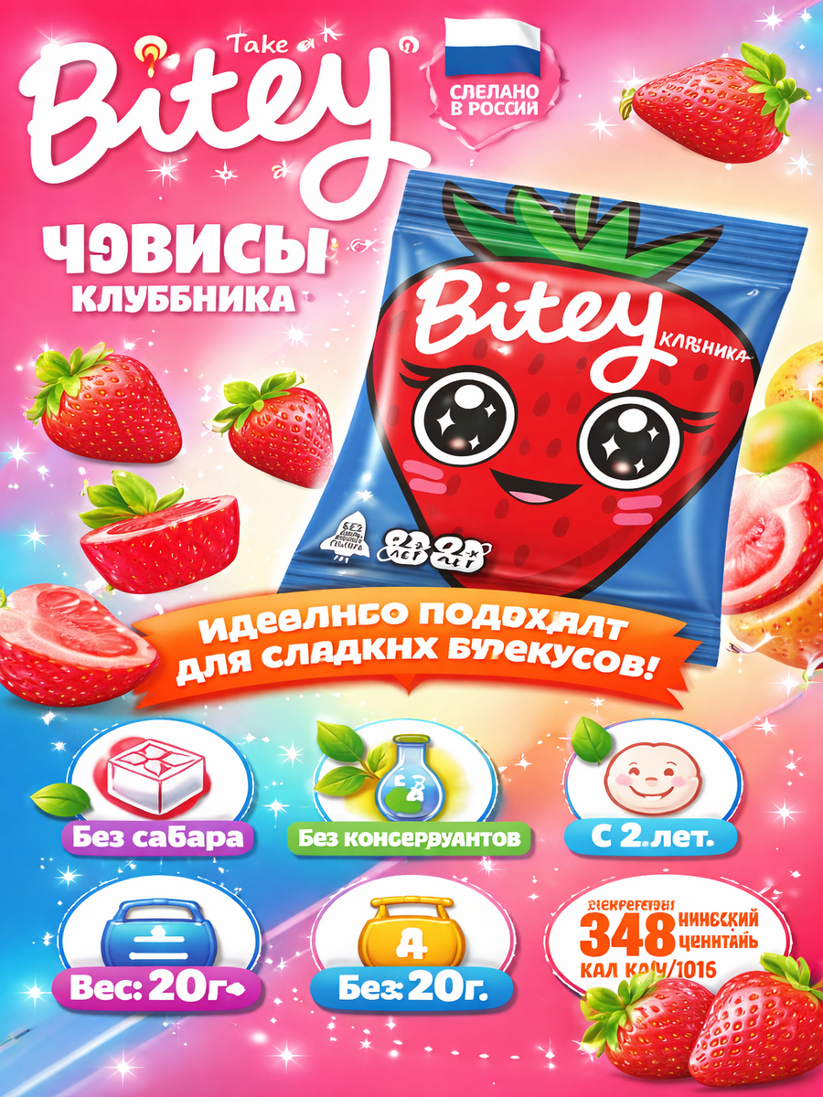 Мармелад детский Take a Bitey Чувисы Клубника без глютена с 2 лет, 20г