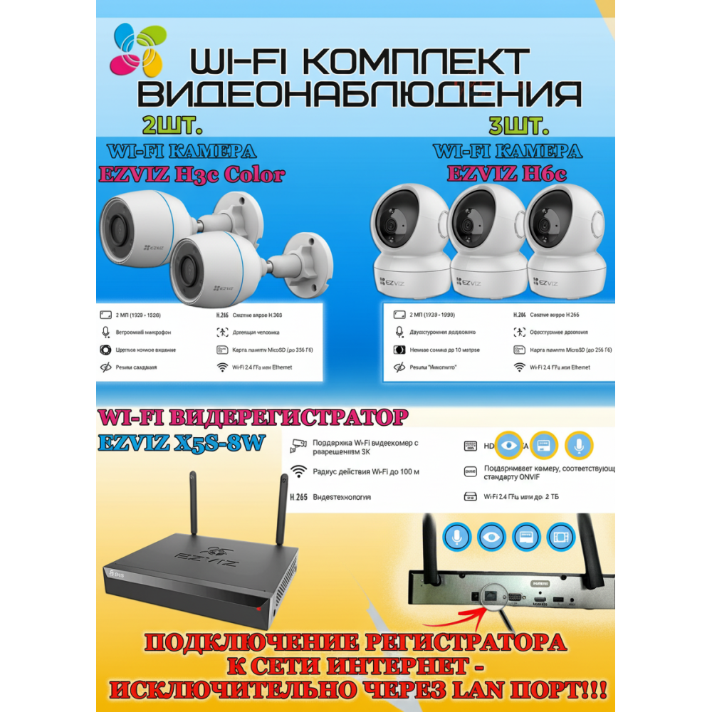 Wi-Fi Комплект видеонаблюдения EZVIZ на 5 камер видеонаблюдения - 2Мп Full HD 1920x1080P (CS-X5S-8W + 2хCS-H3c Color + 3хCS-H6c) 2.4 ГГц IP67, Двусторонняя аудиосвязь, ИК до 30м, угол 125гр Поворот до 340 гр