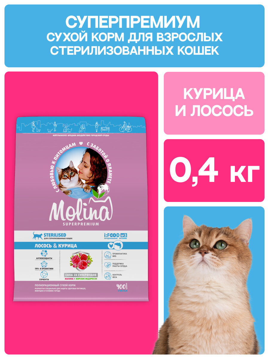 Сухой корм для стерилизованных кошек с лососем и курицей STERILISED SALMON & CHICKEN, 0,4 кг MOLINA