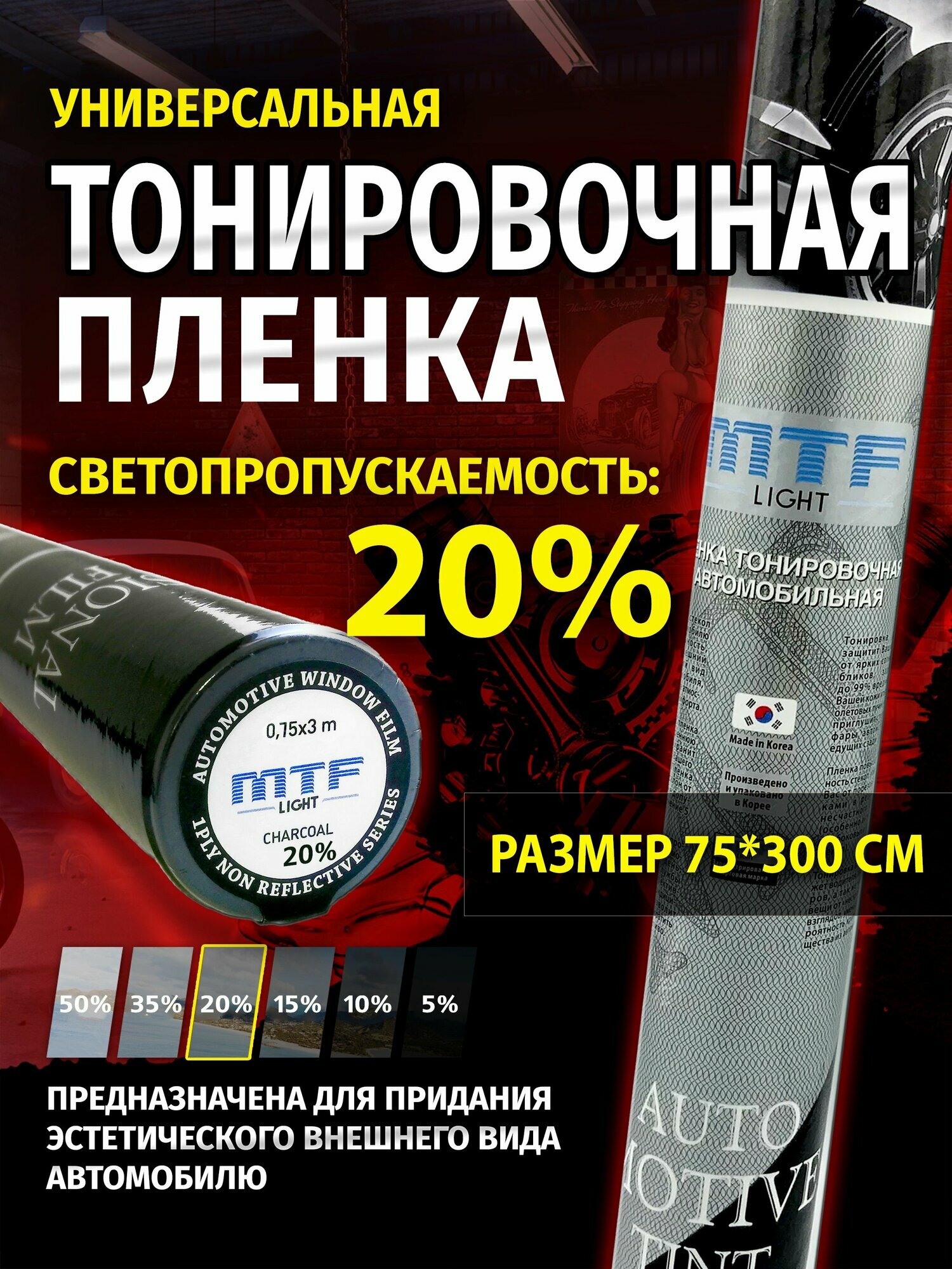 Пленка тонировочная для авто MTF Light Charcoal 0,75 м х 3 м, 20% светопропускаемость, туба