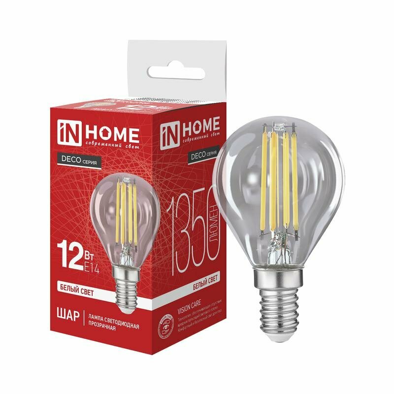 Лампа светодиодная LED-ШАР-deco 12Вт шар прозрачная 4000К E14 1350лм 230В IN HOME 4690612063348