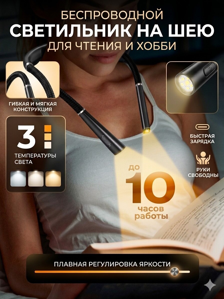 Лампа для чтения книг на шею R-7 нашейный, фонарик для книги, подарок