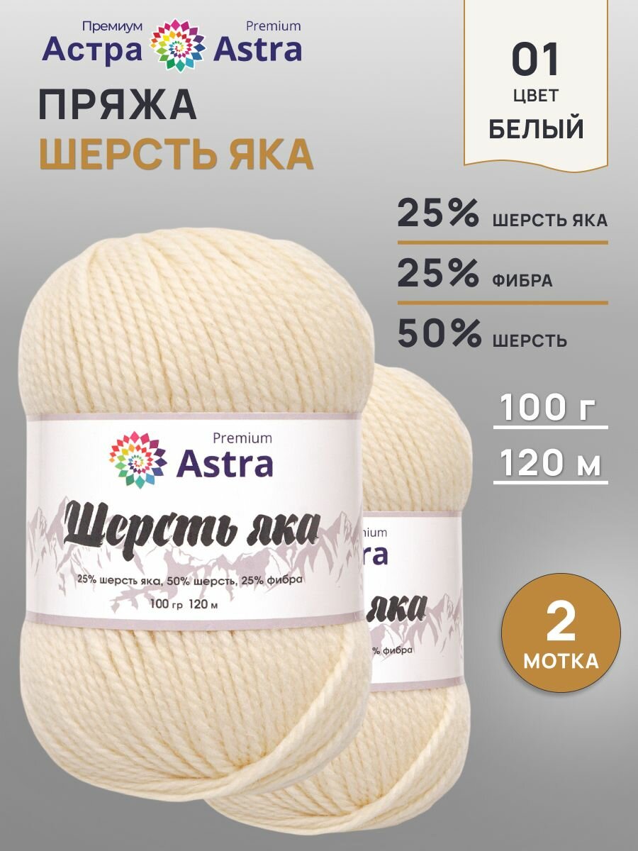 Пряжа для вязания Astra Premium 'Шерсть яка' 100г, 120м (шерсть яка, шерсть, фибра) (01 белый), 2 мотка