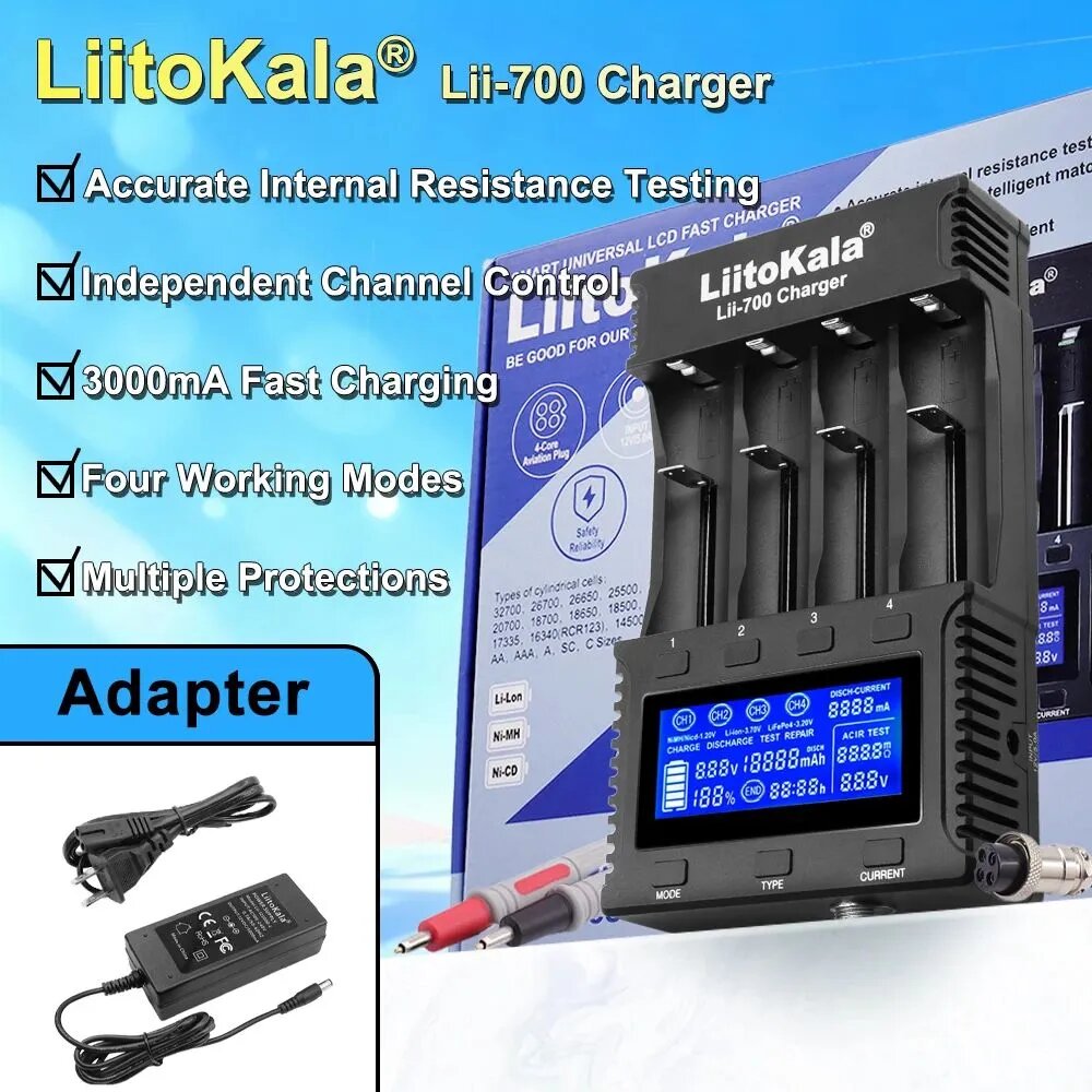 Интеллектуальное зарядное устройство Liitokala Lii - 700, 4 - канальная независимая зарядка, измерение емкости внутреннего сопротивления батареи, контроль режима восстановления