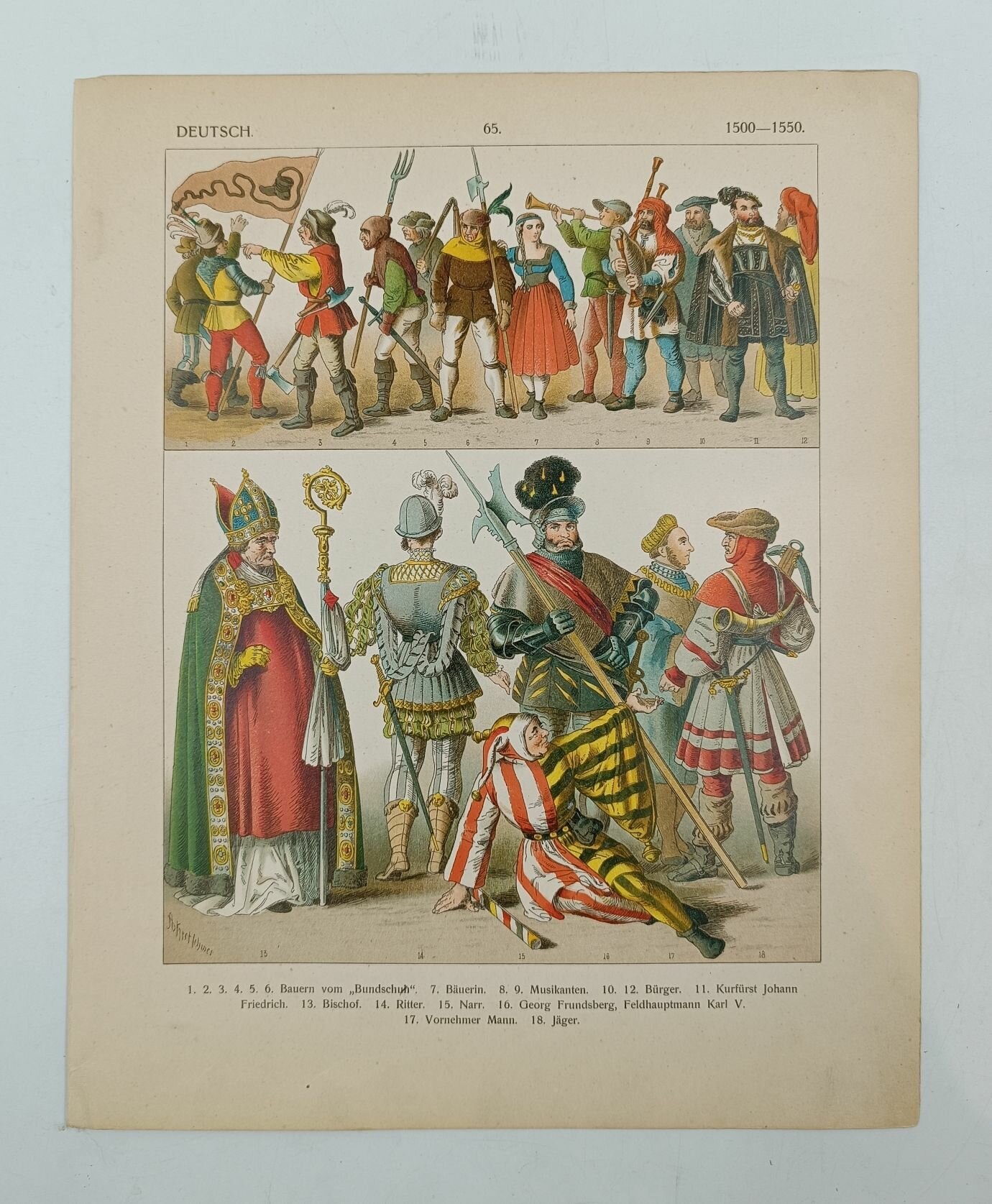 " Мужские костюмы различных сословий. Германия. 1500-1550 годы" Хромолитография из Книги по истории костюма изданной в Германии, между 1876 и 1888. 32х32 см