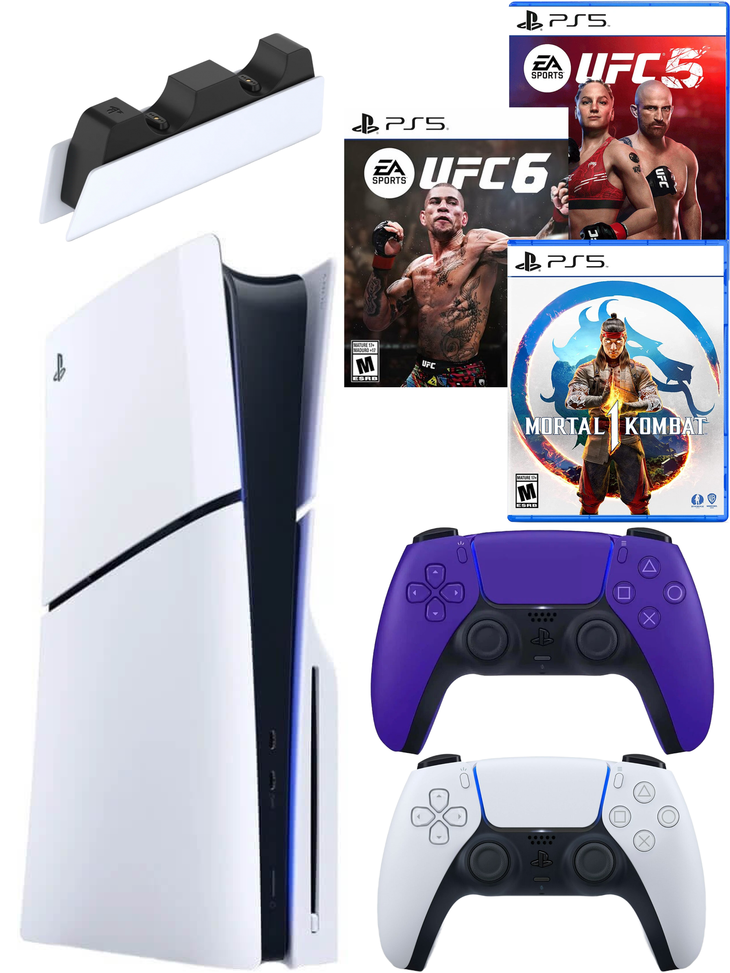 Игровая приставка Sony PS 5 Slim, 1ТБ(с дисководом)+2-ой геймпад(purple)+Зарядная станция+3 файтинга (UFC6, MK1, UFC5)