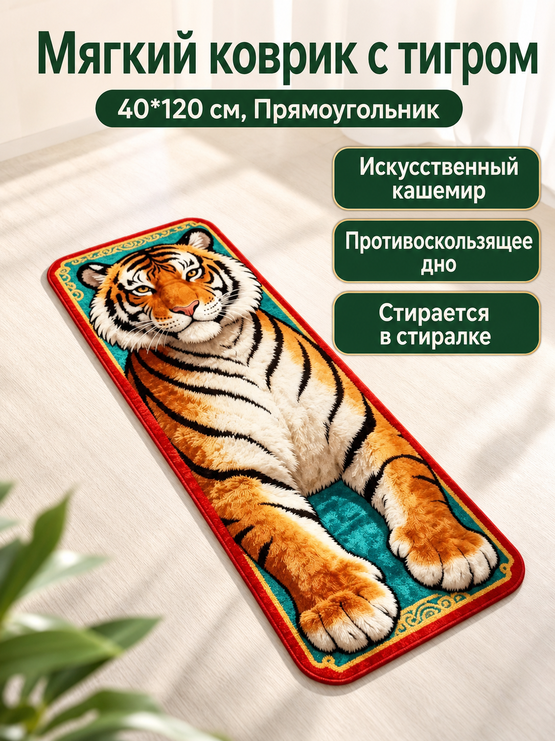 Коврик 40x120 см белый, оранжевый Мягкий грязеустойчивый фигурный ковер с тигром из имитации кашемира, прикроватный коврик для спальни, пылезащитный д