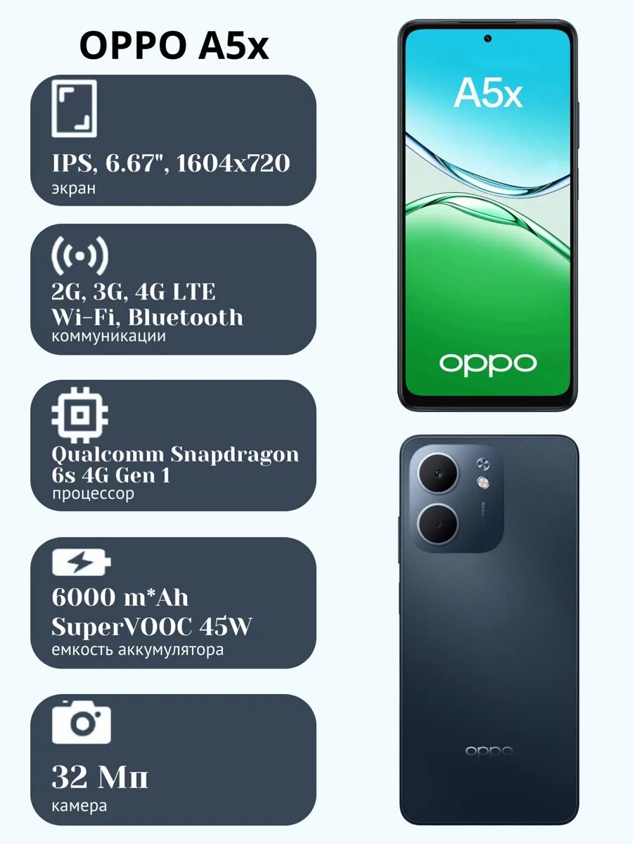 Смартфон OPPO A5x, 4 ГБ/128ГБ, экран 6.67", Android 15, камера 32 Мп, РСТ