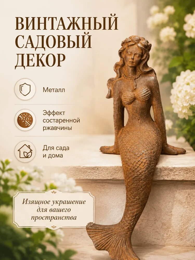 Фигурка садовая Русалка "Винтажный Декор" из металла с эффектом состаренной ржавчины