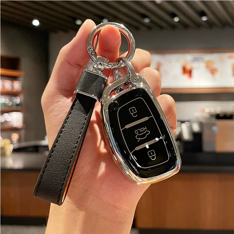 Ключевой держатель для Hyundai Elantra, Ix35, Sonata - классический черный с кожаной пряжкой