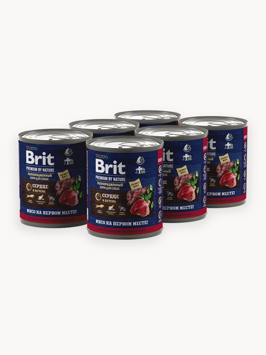 Влажный корм Brit Premium by Nature консервы для собак (паштет) Сердце и печень, 850 г х 6 шт.