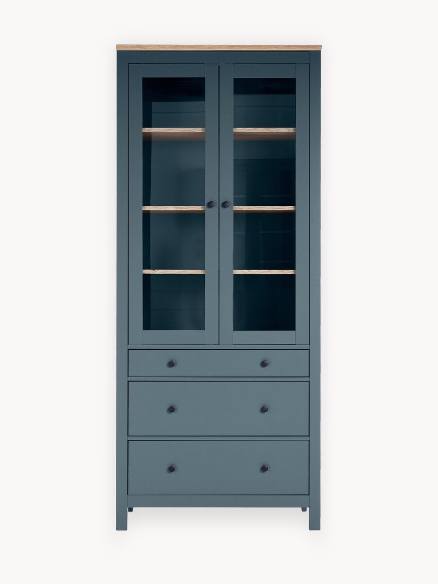 Шкаф с витриной ГУД лакк Сага, 3 ящика, 90х41х216 см, шариковые направляющие с доводчиком, темно-бирюзовый/ясень
