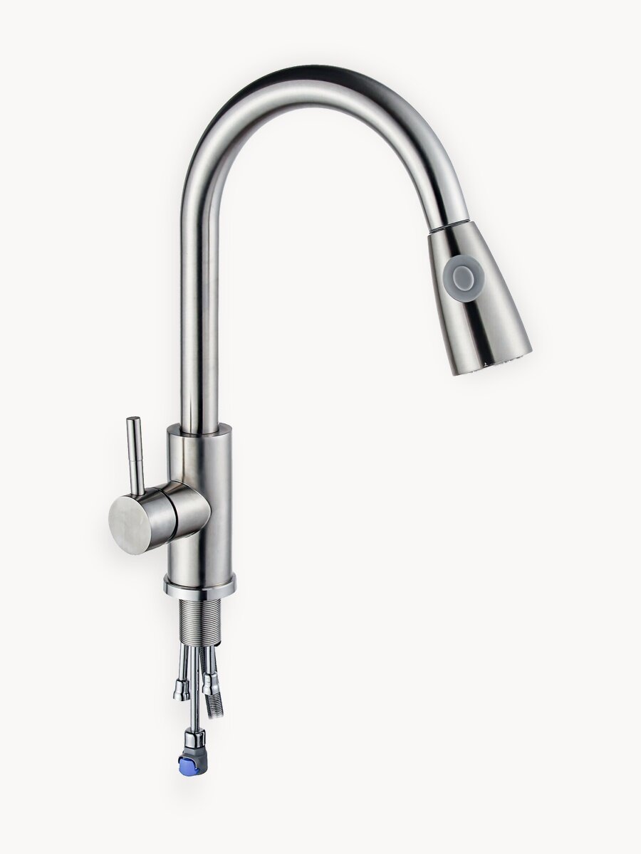 Смеситель на кухню Potato P0046S с выдвижной лейкой, картридж 35 мм, не полированная нержавейка, крепление гайка